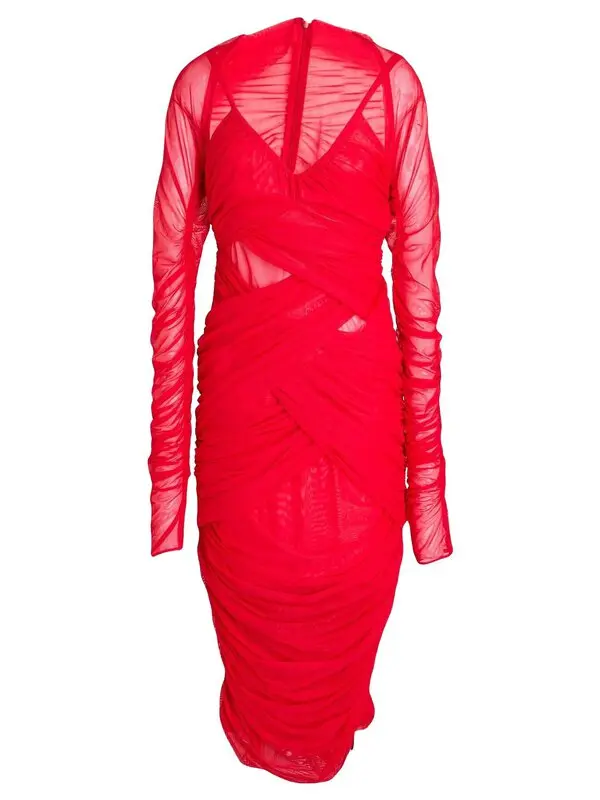 Dolce & Gabbana Tulle Sweetheart Neckline Long Sleeve Dress - Red