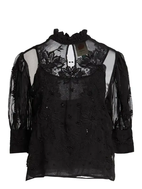 Farm Rio Organza Embroidered Short-sleeve Top - Black