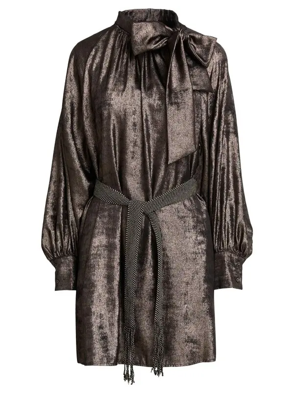 Max Mara Metallic Long Sleeve Bow Neckline Dress With Belt - No