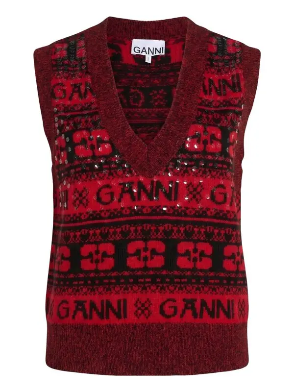 GANNI Color-block Knit Sleeveless V-neck Top With Sequins - Red