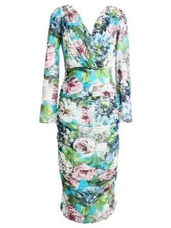 Dolce & Gabbana Floral Print Georgette Long Sleeve Wrap Dress - Green