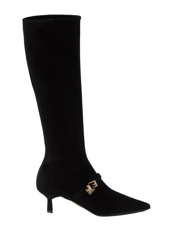 Prada Stretch Suede Knee-high Boots With Logo Buckle - Black