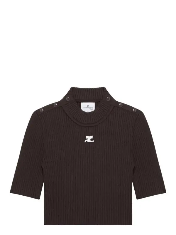COURREGES Ribbed Knit Cropped Top With Embroidered Logo - Black