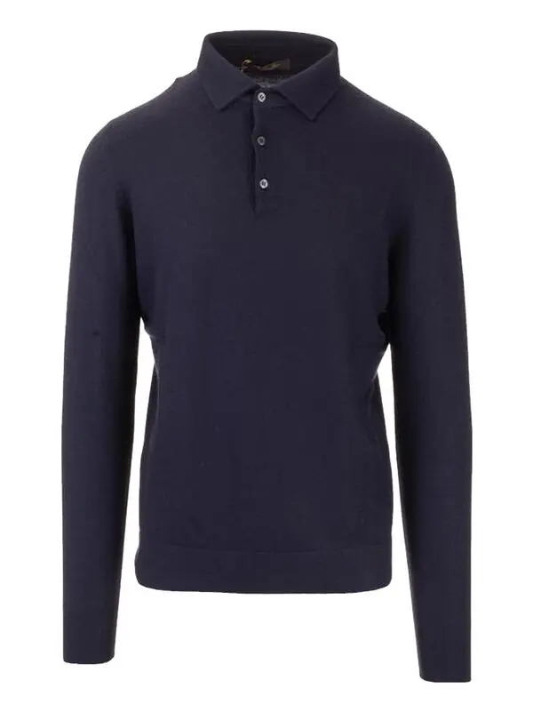 Loro Piana Long Sleeved Knitted Polo Shirt - Navy Blue
