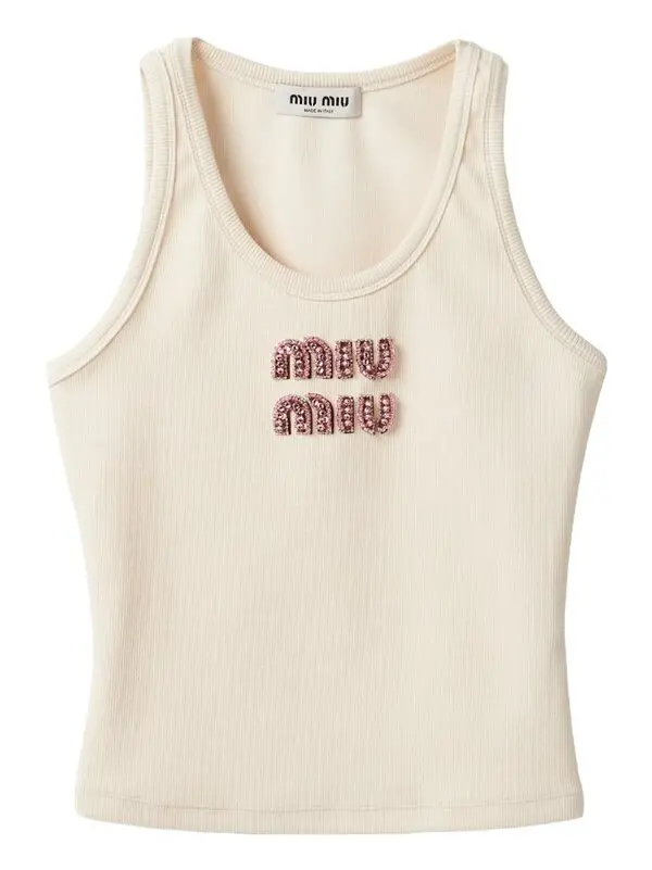 Miu Miu Ribbed Jersey Tank Top With Embroidered Logo - Nude