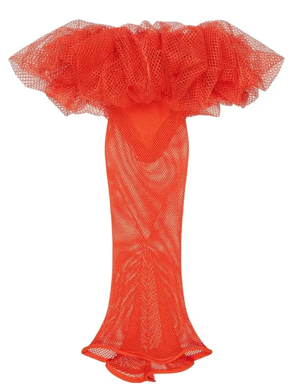 Givenchy Long Ruffled Mesh Dress - Orange