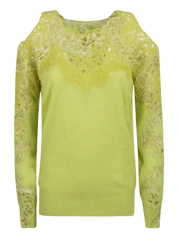 Ermanno Scervino Off-shoulder Floral Lace Knitted Top - Green