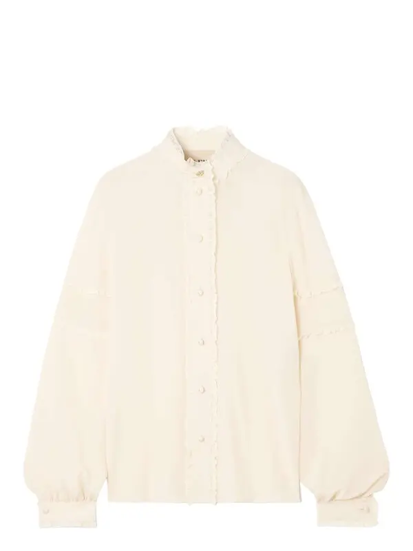 Valentino Garavani Crepe De Chine Shirt With Band Collar And Long Sleeves - Cream