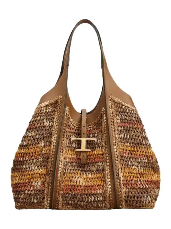 TOD'S Timeless Shopping Bag In Leather And Raffia Medium - Brown