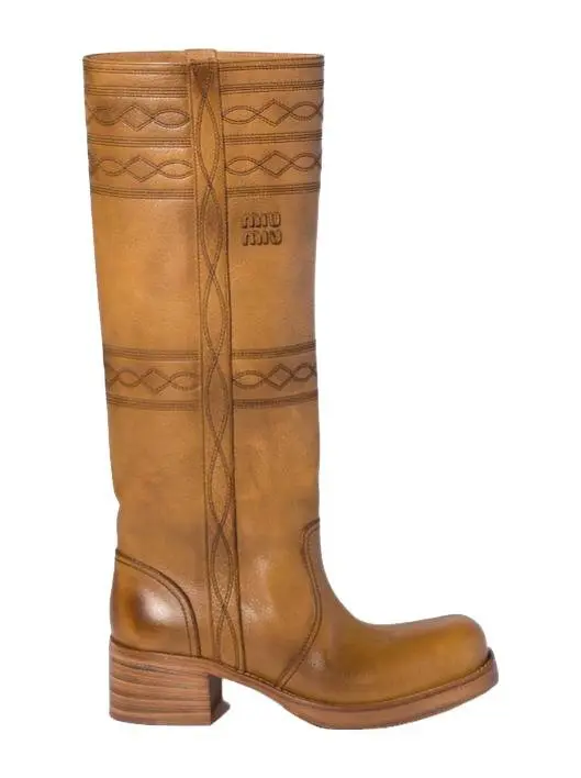 Miu Miu Knee-high Embossed Leather Boots - Camel