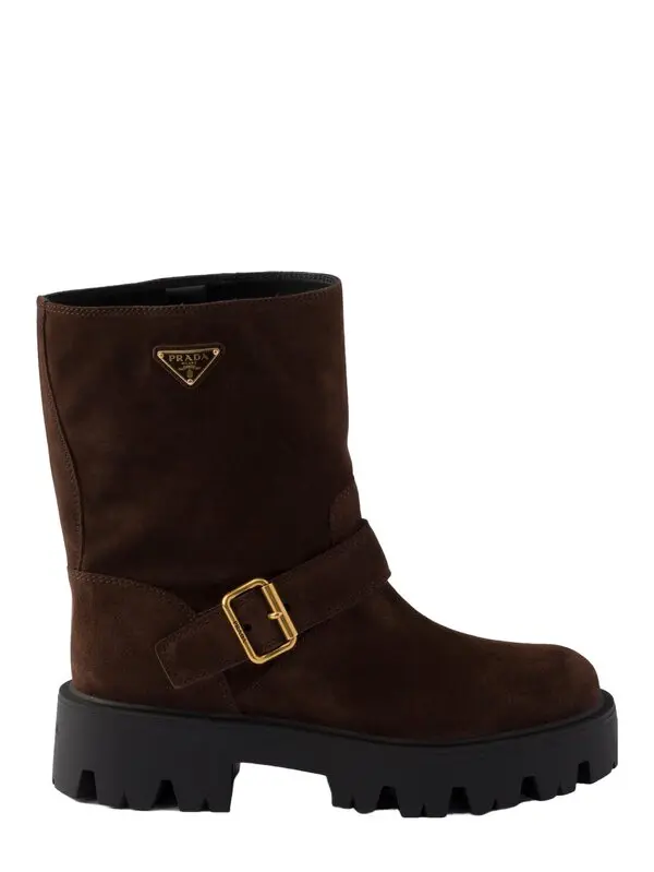 Prada Round-toe Suede Ankle Boots With Buckle Detail - Dark Brown