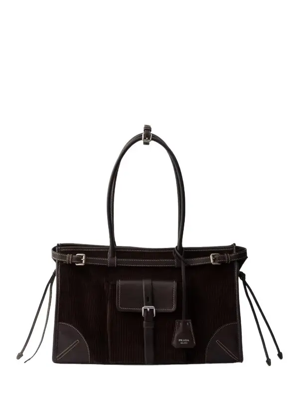Prada Bonnie Large Corduroy And Leather Handbag - Ebony