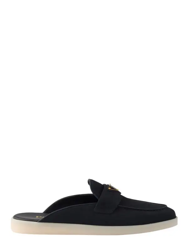 Prada Nubuck Mules With Enameled Triangle Logo - Navy Blue