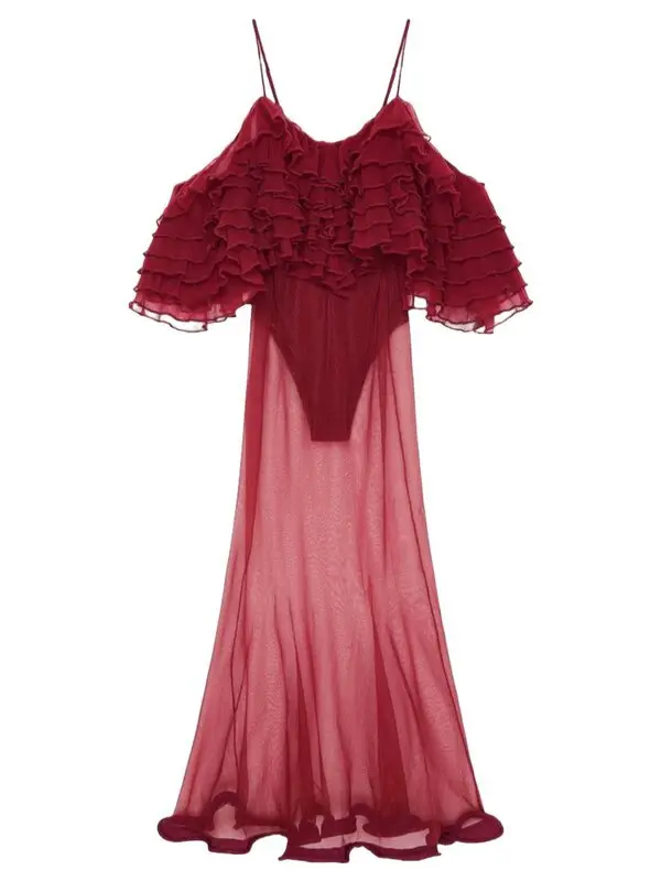Givenchy Long Ruffled Sheer Knit Dress - Red