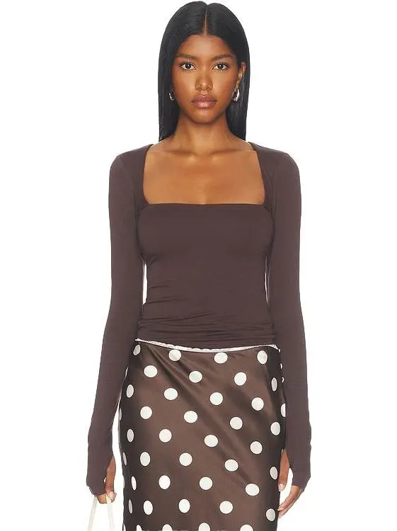 AFRM Ines Knit Crepe Top With Square Neckline And Thumbhole Design - Espresso