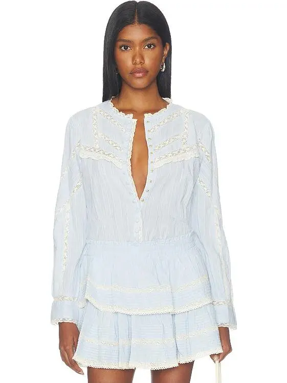 LoveShackFancy Miah Top Long Sleeve, Button Front - Chambray Sky