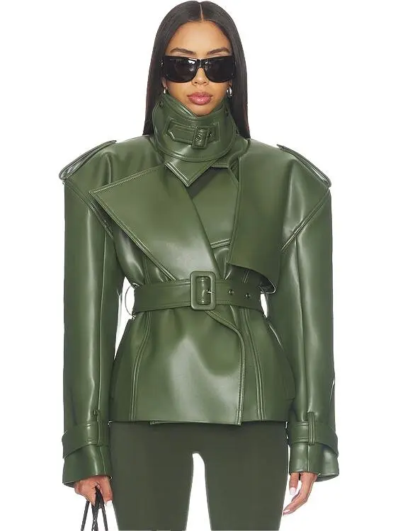 Naked Wardrobe Faux Leather Short Trench - Dark Olive