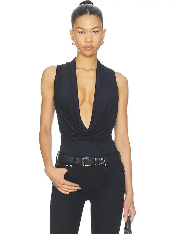 Free People Draped Plunging Neckline Bodysuit - Black