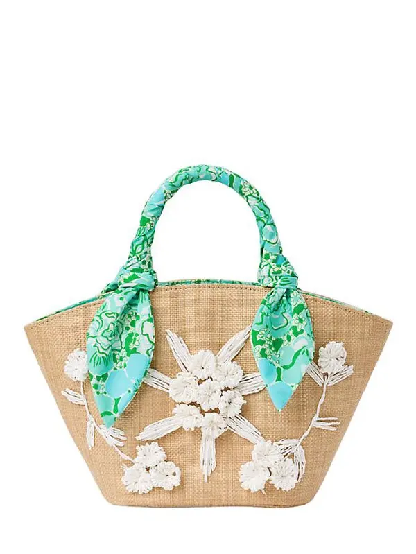 Lilly Pulitzer® Panama Straw Tote Bag With Floral Embroidery And Printed Scarf Handles - Mint