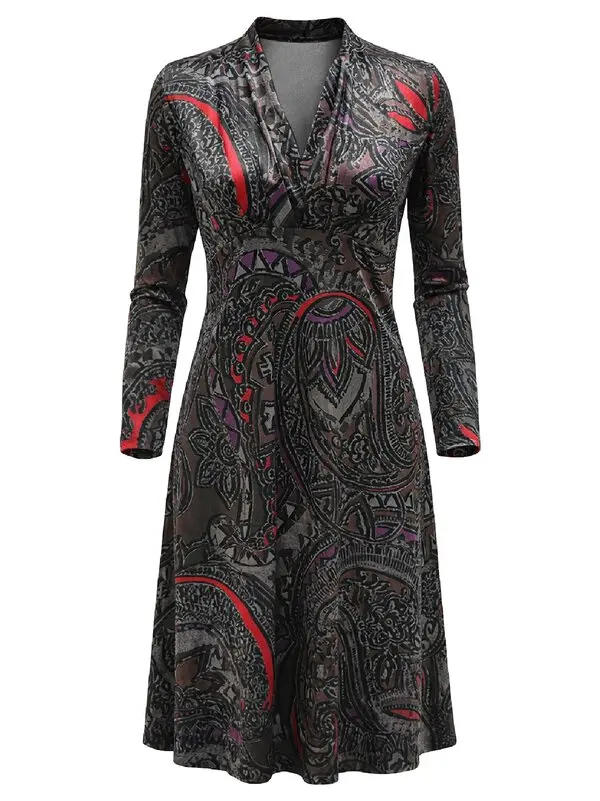 CONQUISTA Printed Wrap Midi Dress With Long Sleeves - Black