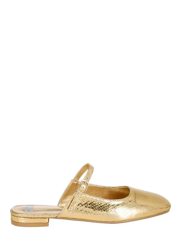 RAG & CO Metallic Square Toe Buckled Flats - Gold