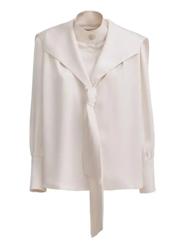 JULIA ALLERT Ivory Satin Sailor Collar Blouse With Front Tie - White