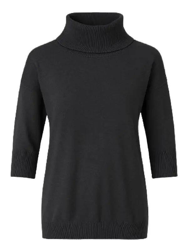 CONQUISTA Charcoal Knit Turtleneck Top With Half Sleeves - Grey