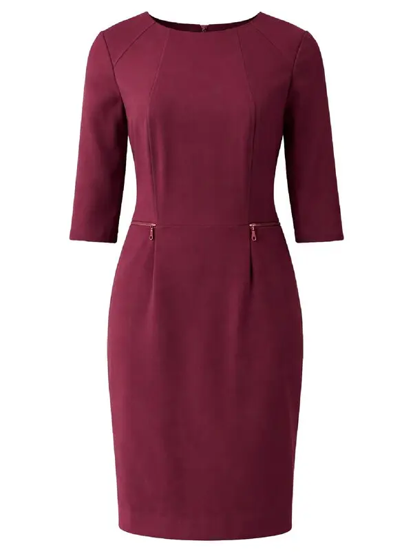 CONQUISTA Tailored Midi Dress With 3/4 Sleeves And Zipper Detail - Red