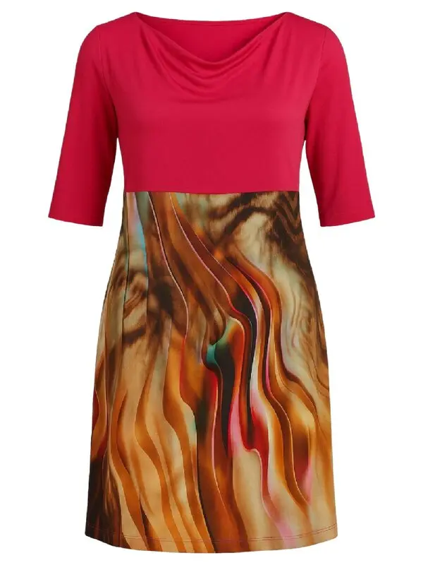 CONQUISTA Abstract Print Cowl Neck Dress - Red