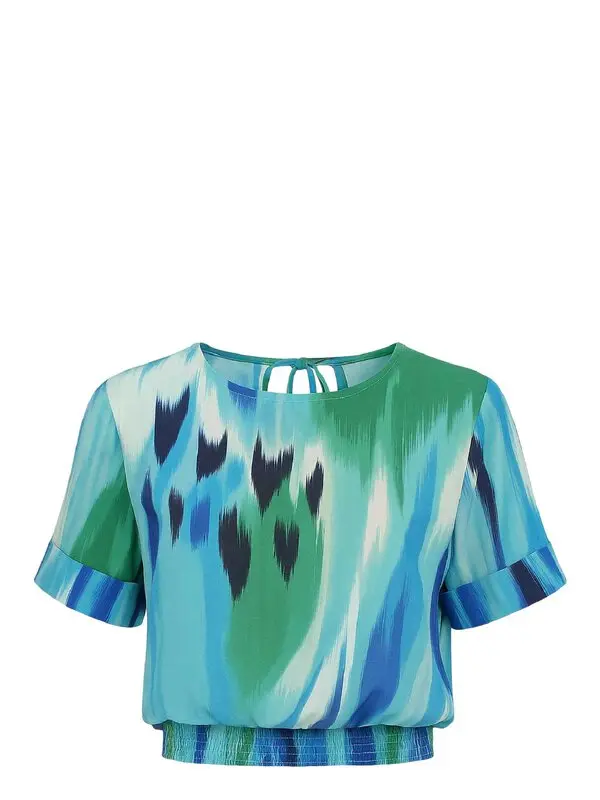 CONQUISTA Printed Net Top With Open Back And Tie Detail - Blue