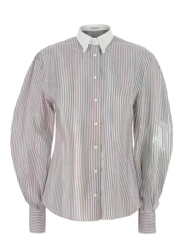Brunello Cucinelli Striped Silk Shirt With Monili Trim Collar - Grey