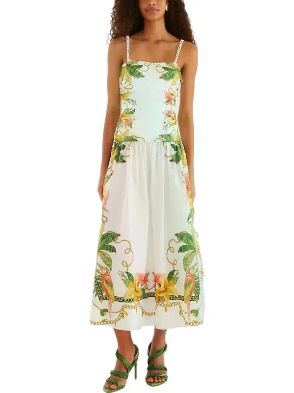 Farm Rio Tropical Print Spaghetti Strap Midi Dress - Neutrals