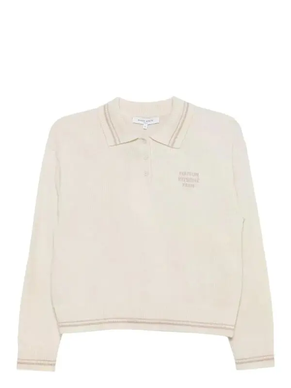 Maison Kitsuné Logo Embroidered Striped Trim Polo Sweater - Neutrals