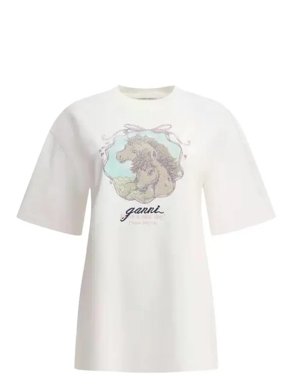 GANNI Graphic Horse Print Organic Cotton T-shirt - Neutrals