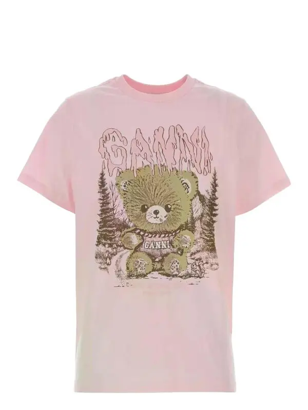 GANNI Teddy Print Cotton T-shirt - Pink