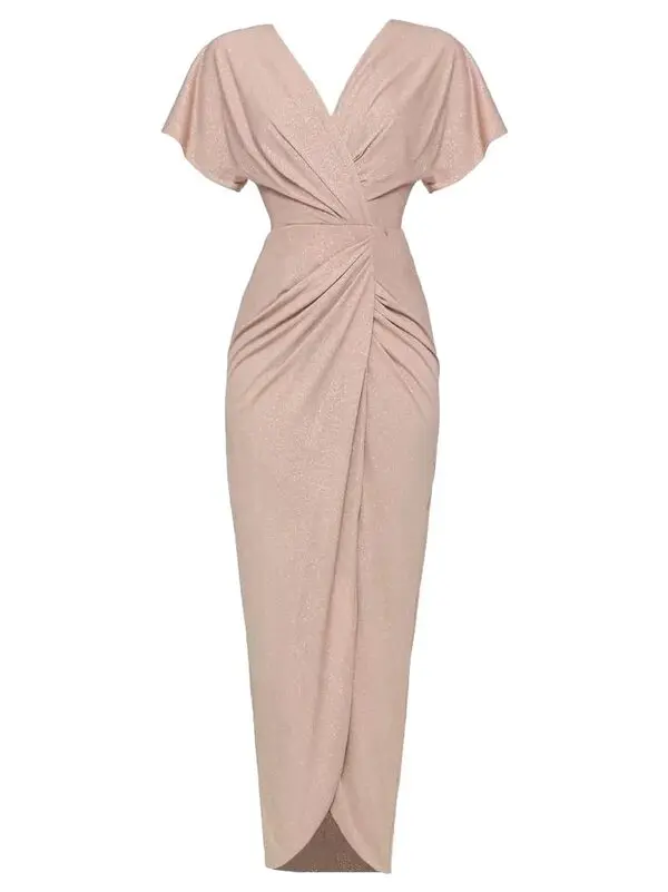 NISSA V-neck Draped Midi Dress - Neutrals