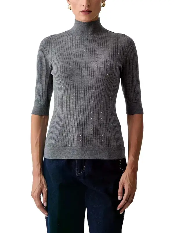 Liu Jo Ribbed Knit High Neck Top With Rhinestone Embellishments - Grey