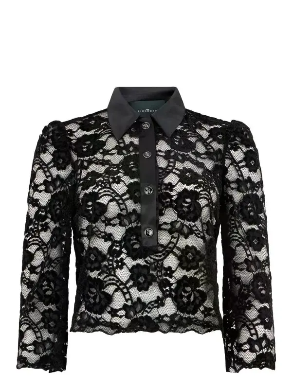 John Richmond Floral Lace Polo Top - Black