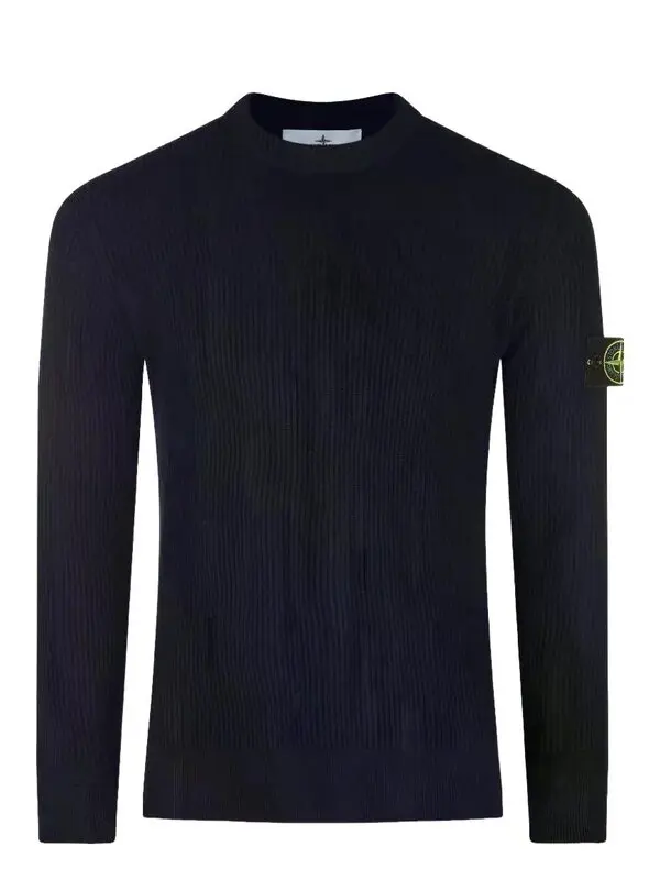 Stone Island Ribbed Knit Logo Patch Sweater - Blue