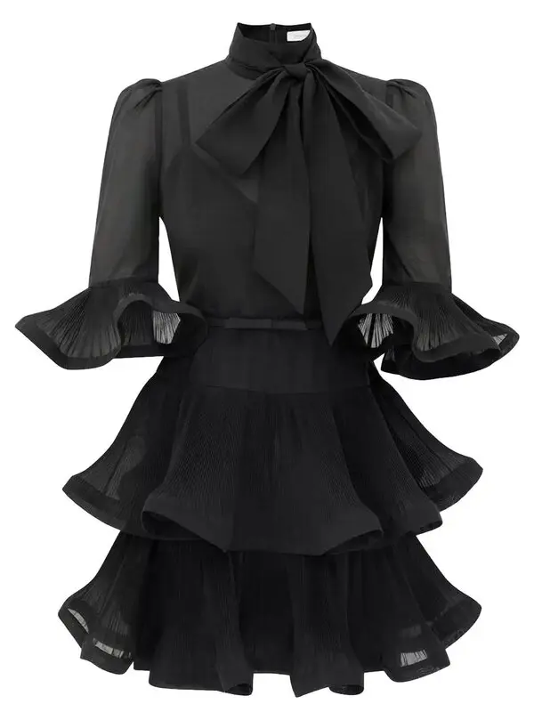 Zimmermann Pleated Tiered Dress With Pussy-bow Collar - Black