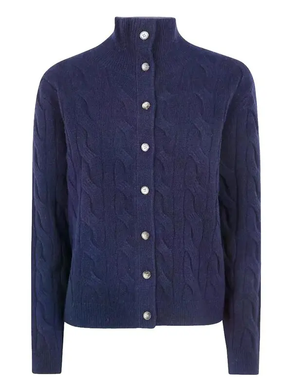 JCSOPHIE Navy Wool Cable-knit High Neck Cardigan - Blue