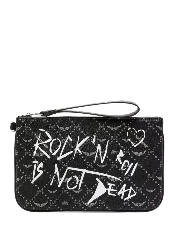 Zadig&Voltaire Grained Leather Clutch Bag With Slogan Print - Black