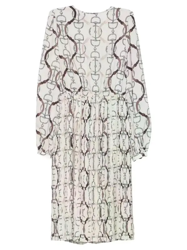 Eleventy Horsebit Print Pleated Midi Dress - Neutrals