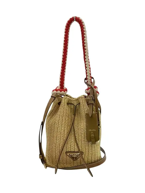 Prada Mini Raffia Effect Crochet Bucket Bag Satchel - Neutrals