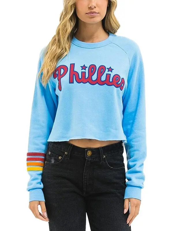 Aviator Nation Rugby Stitch Graphic Cropped Crewneck Sweatshirt - Sky