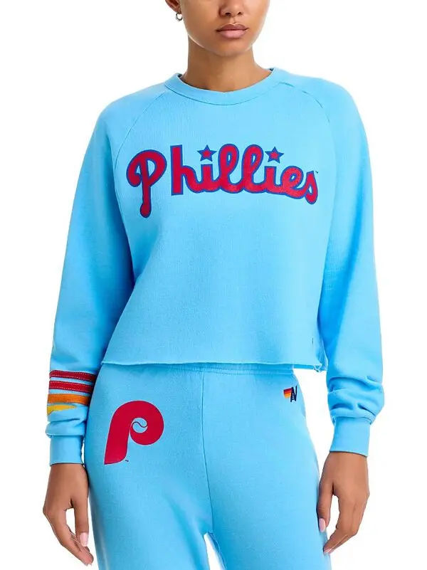 Aviator Nation Rugby Stitch Graphic Cropped Crewneck Sweatshirt - Sky