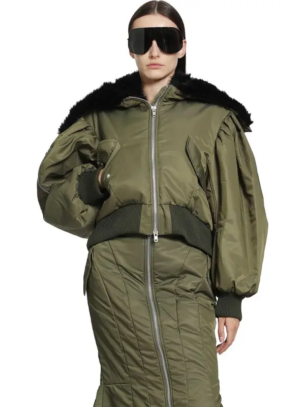 Simone Rocha Cropped Faux Fur Hood Bomber Jacket - Green