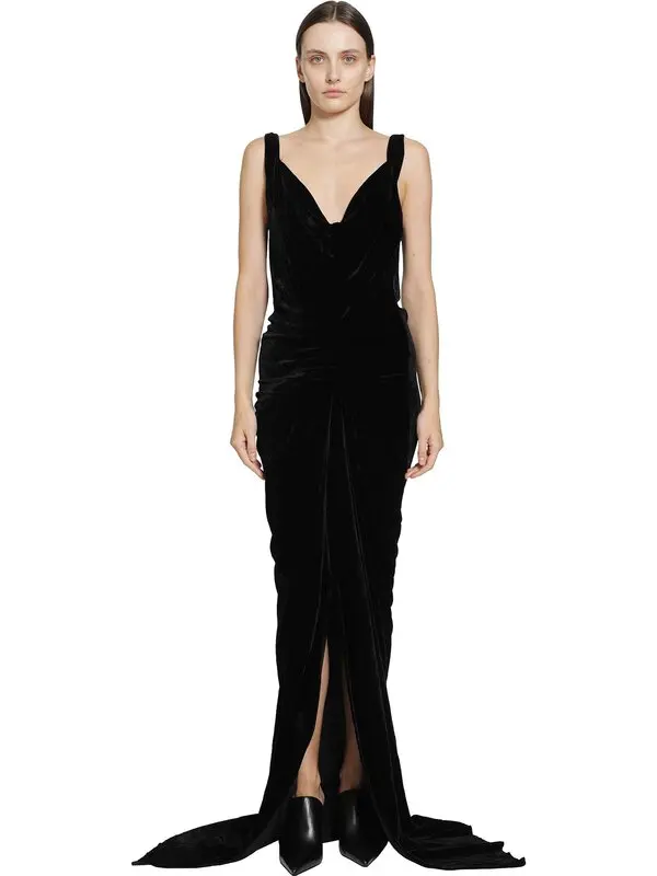 Rick Owens Velvet Maxi Dress With Deep V-neckline And Gathered Detailing - Black