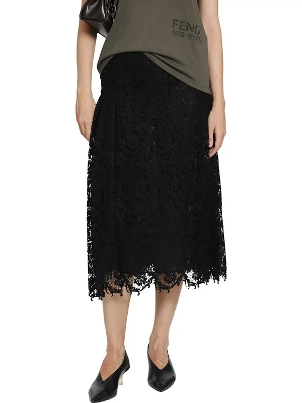 Fendi Macramé Lace Flared Midi Skirt - Black