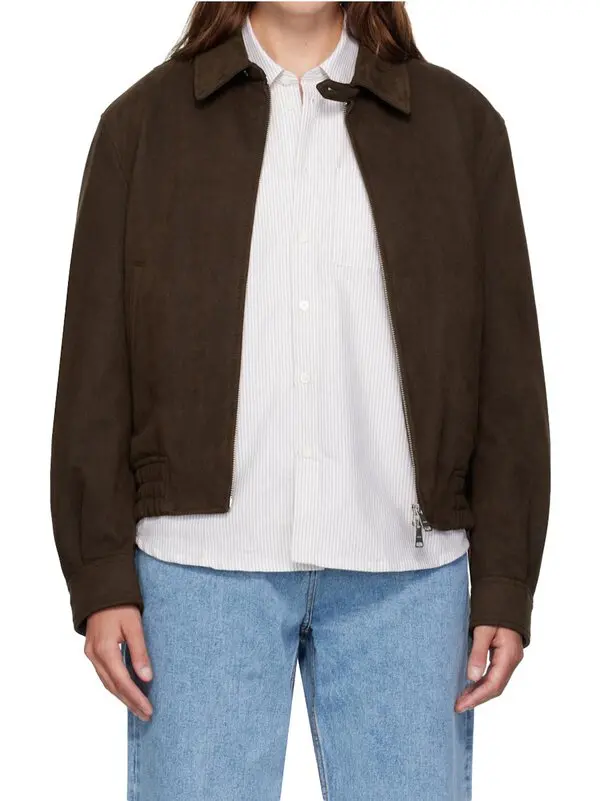 COOR Quilted Lapel Faux Suede Jacket - Dark Brown